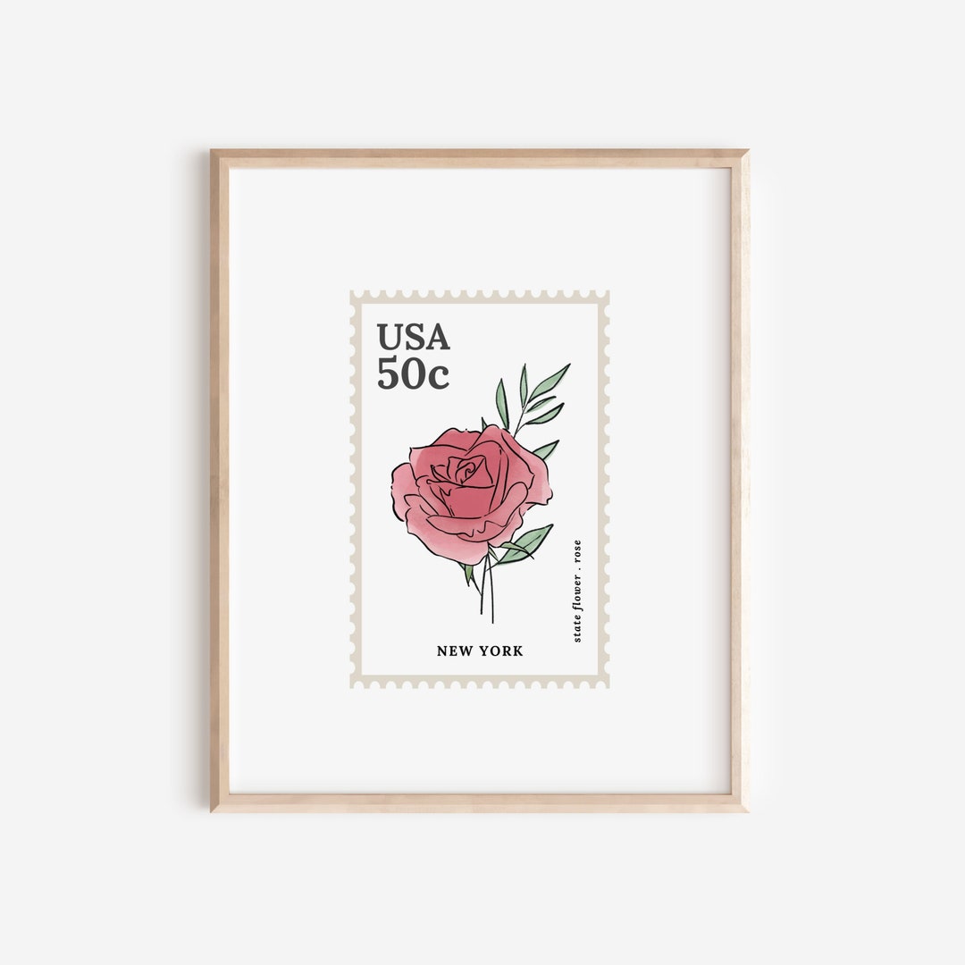 New York US State Flower Stamp | Rose Watercolor Floral Art Printable ...