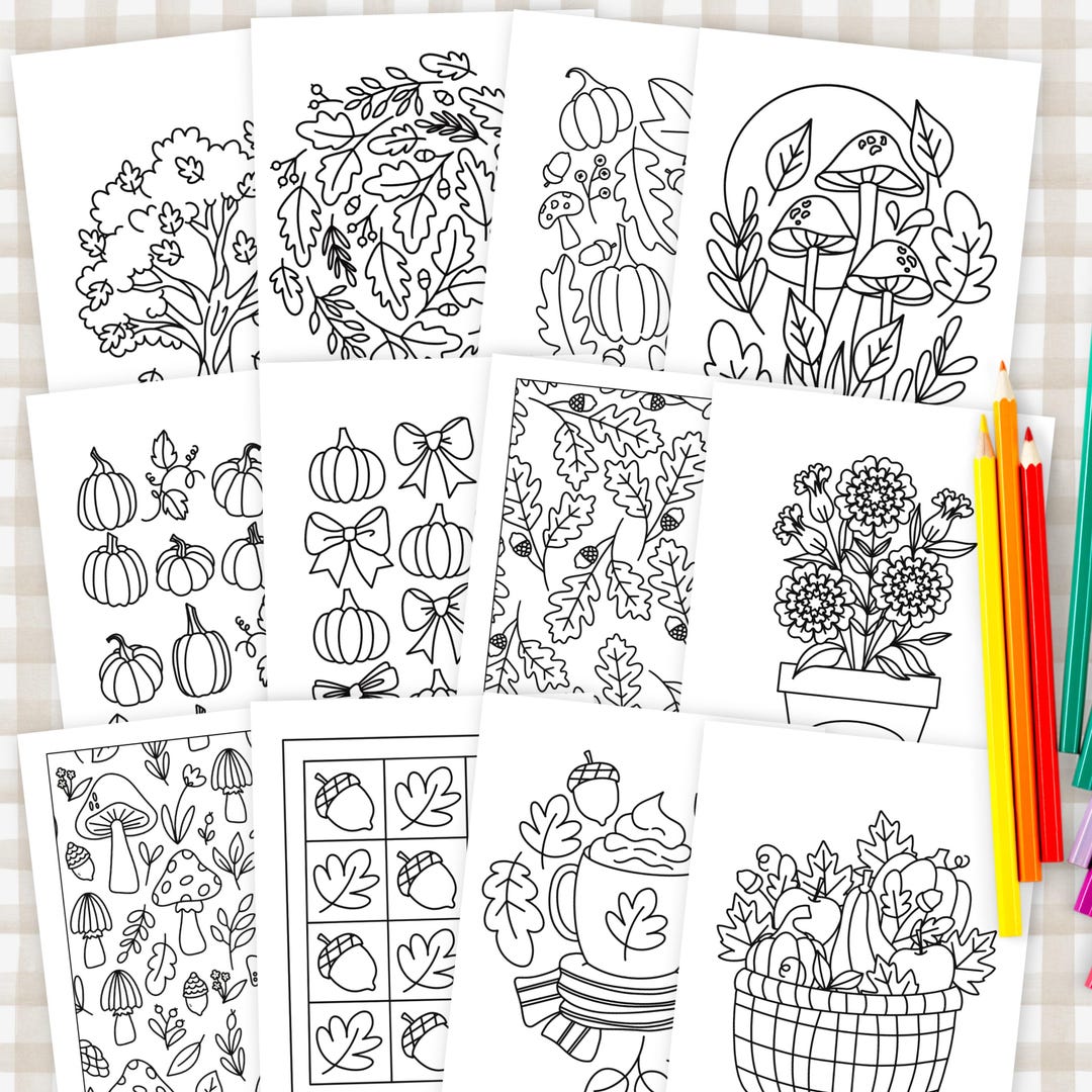 20 Pk Fall Printable Coloring Pages Digital Color Sheets | Hand-drawn ...