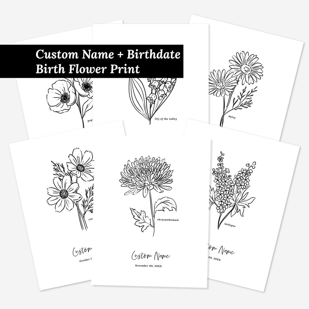 Personalized Name Birth Flower Print Black and White Floral Line Art ...
