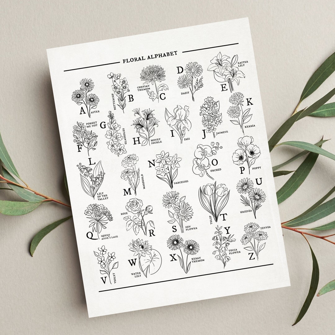 Flower Alphabet Chart Vintage Style | Illustrated Sketched Floral ...