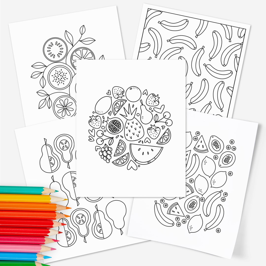 10 Pk Fruity Printable Coloring Pages Digital Color Sheets | Hand-drawn ...