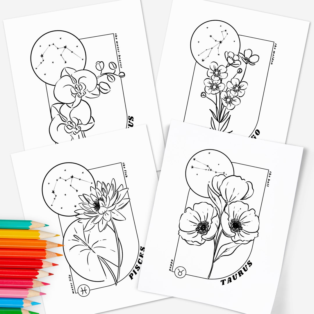 12 Zodiac Birth Flower Coloring Page Printables | Astrology Horoscope ...