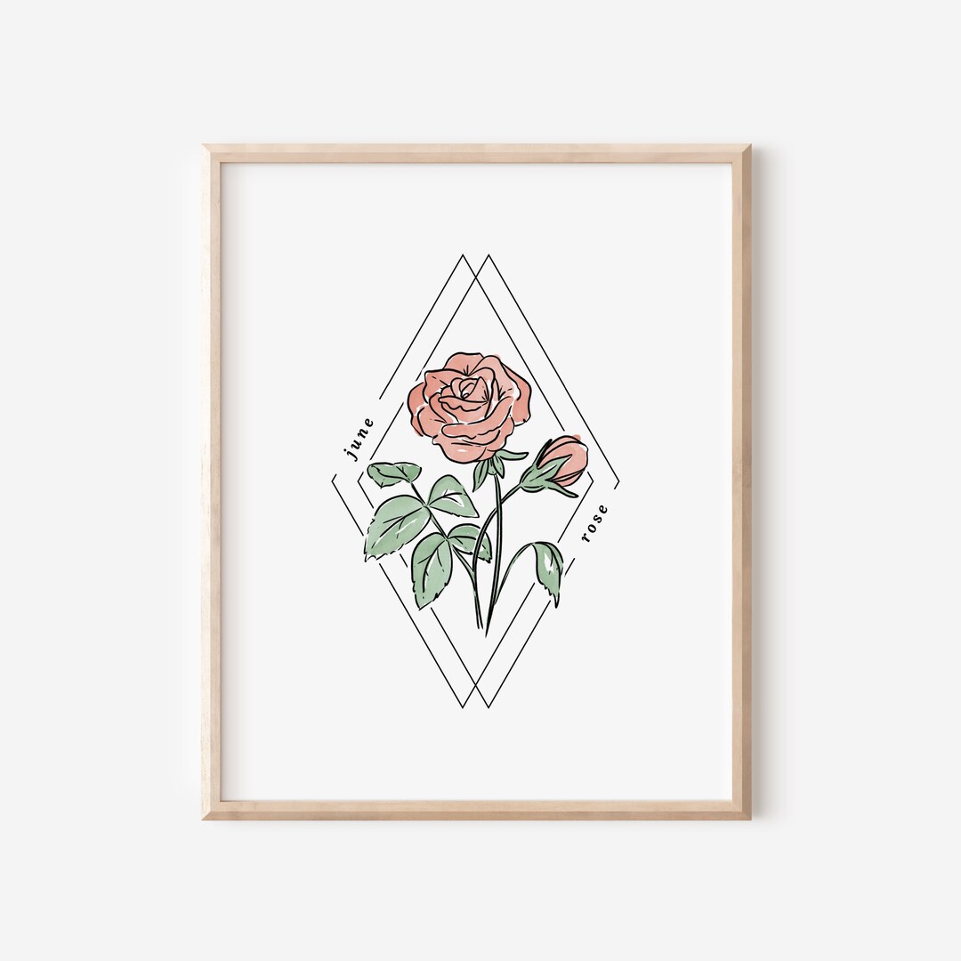 June Rose Birth Flower Printable | Watercolor Floral Diamond Frame ...