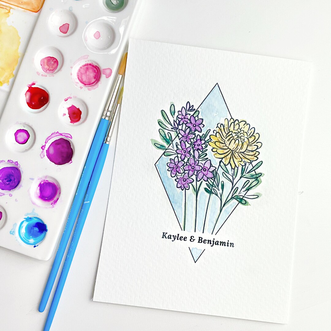 Hand Painted Couples Birth Flower Bouquet Real Watercolor Unframed Art ...