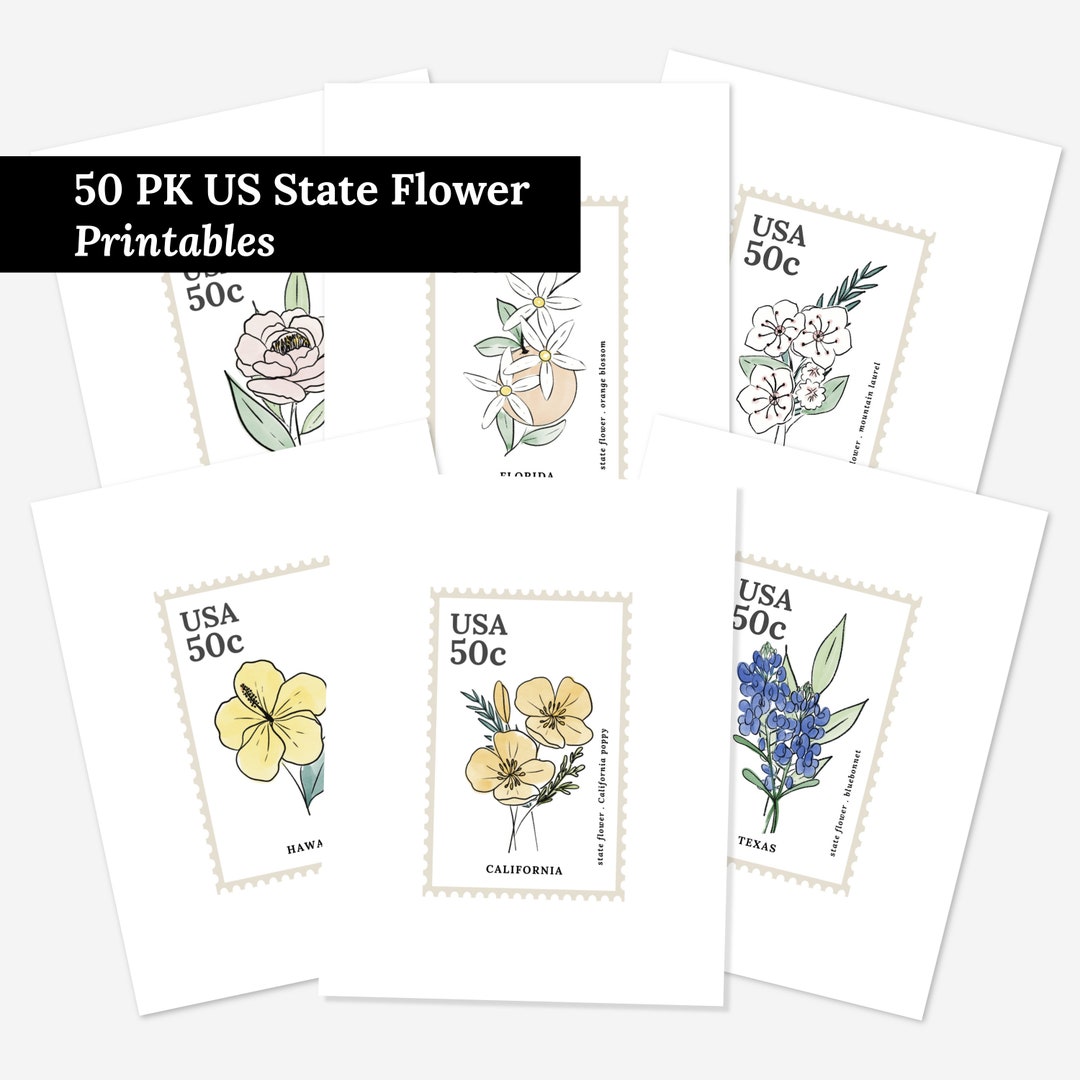 50 US State Flower Stamp Printables USA Floral Illustrated & Watercolor ...