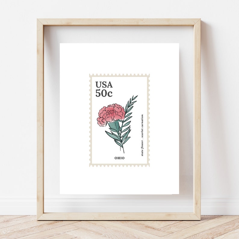 Ohio US State Flower Stamp | Scarlet Carnation Watercolor Floral Art ...
