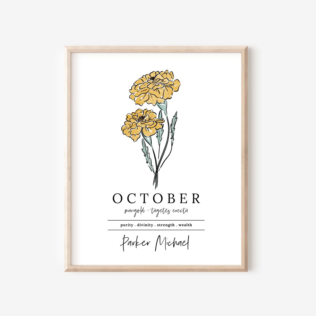 October Marigold Birth Flower Personalized Name Unframed Art Print ...