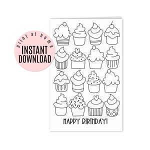 Happy Birthday Card Printable | Coloring Page Digital Card Cute Cupcake ...
