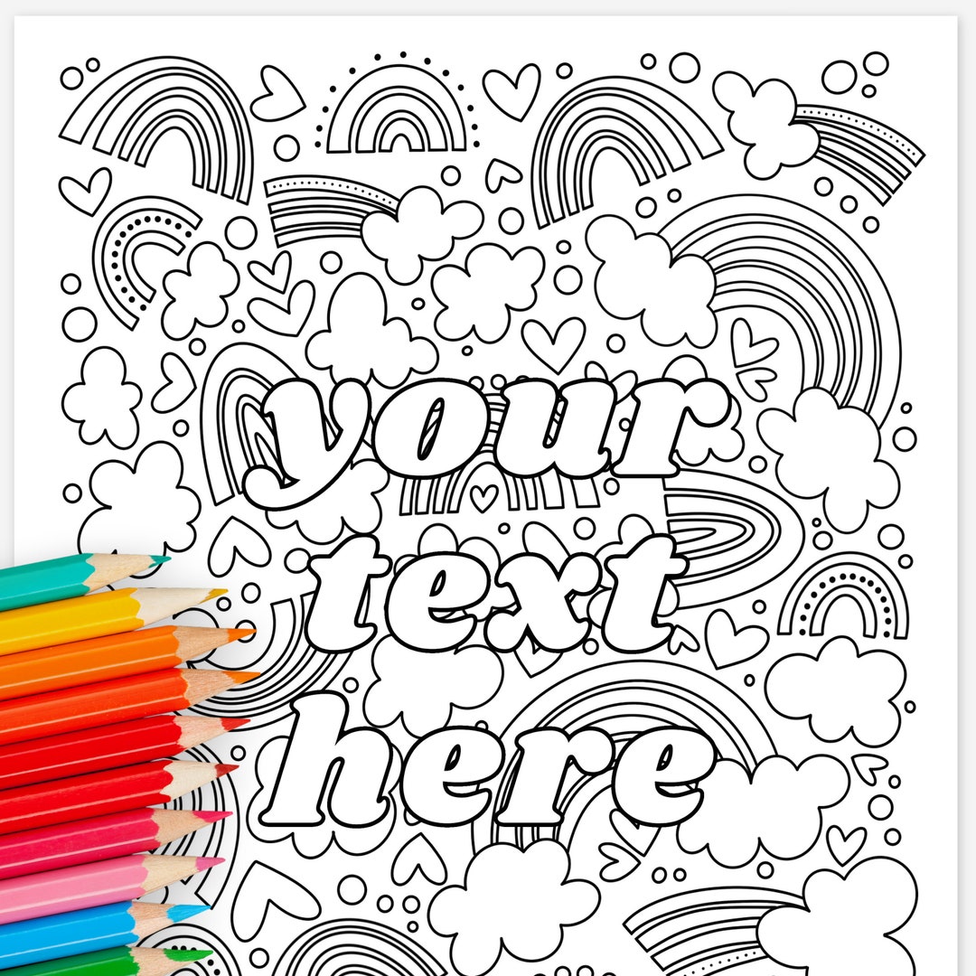 Personalized Text Rainbow & Clouds Printable Coloring Page | Hand-drawn ...