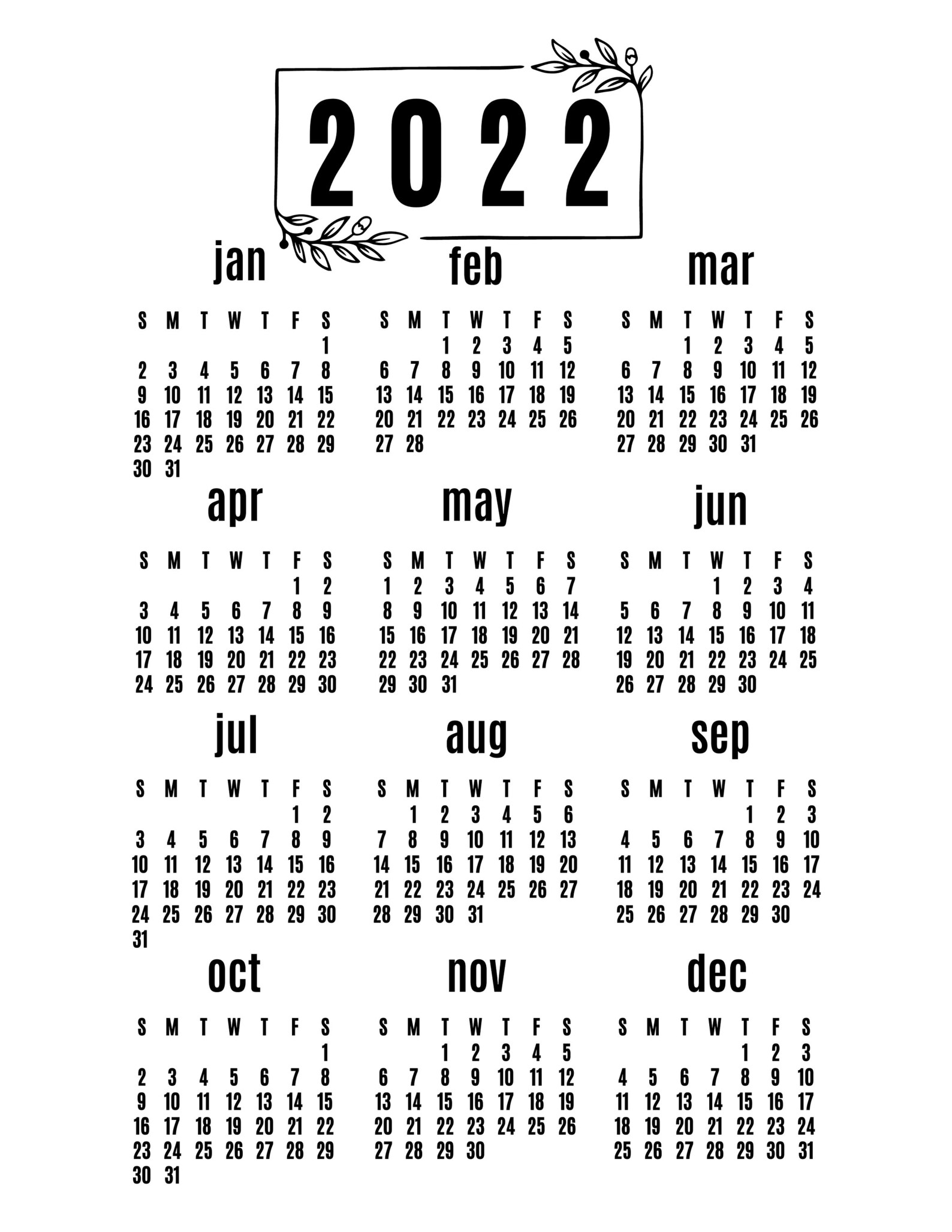 2022 Printable Calendar Black & White Foliage Digital - Etsy