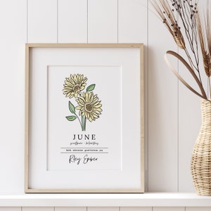 June Sunflower Birth Flower Personalized Name Art Print | Custom Gift ...