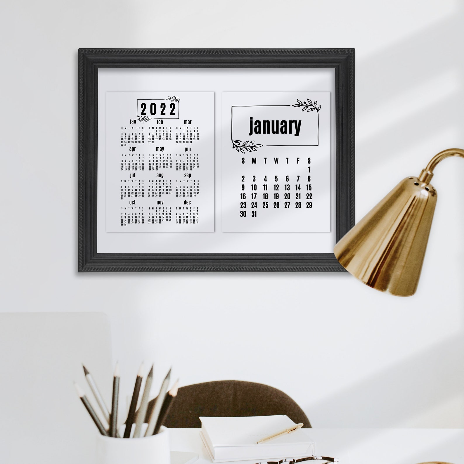 2022 Printable Calendar Black & White Foliage Digital - Etsy