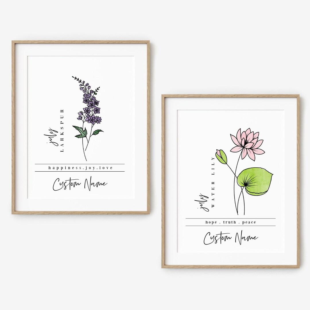 July Birth Flower Unframed Art Print | Personalized Name Custom Floral ...