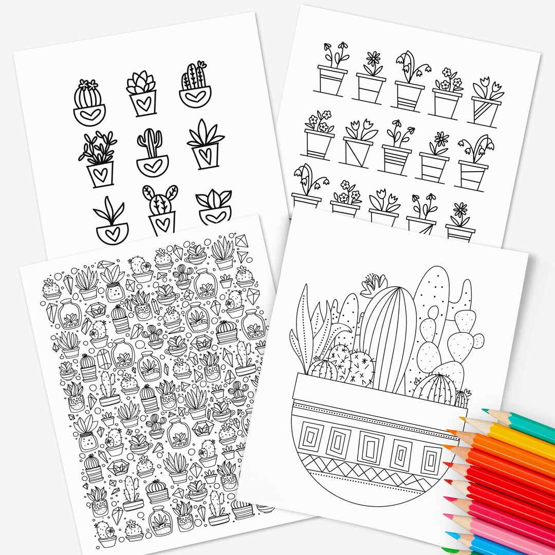4 Pk Potted Plants Printable Coloring Pages Digital Color Sheets | Hand ...