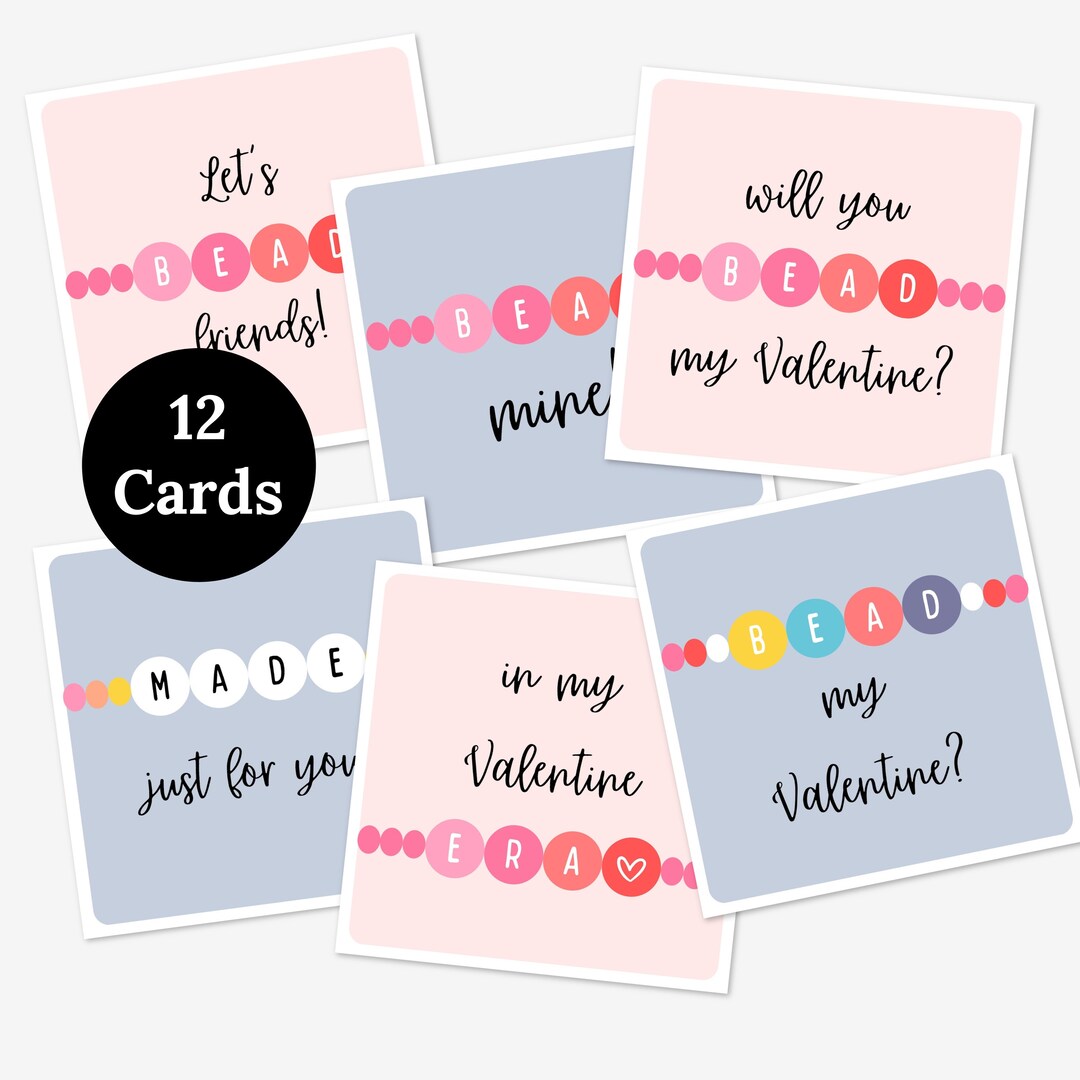 Bead Bracelet Valentine Printable Cards | 12 Digital Cards Friendship ...