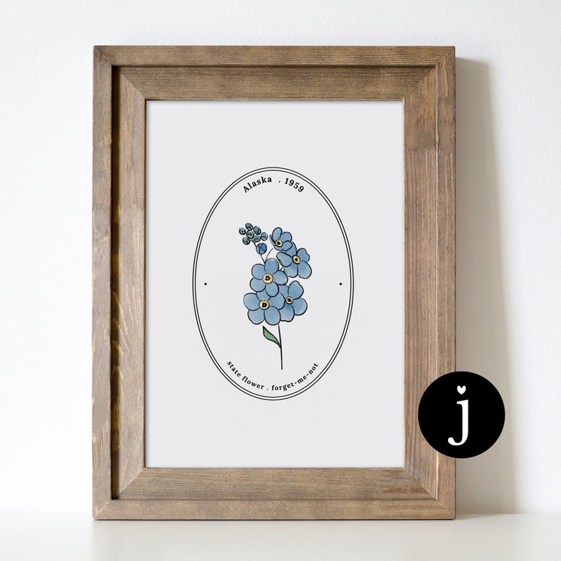 Alaska US State Flower Cameo Style | Forget Me Not Watercolor Floral ...