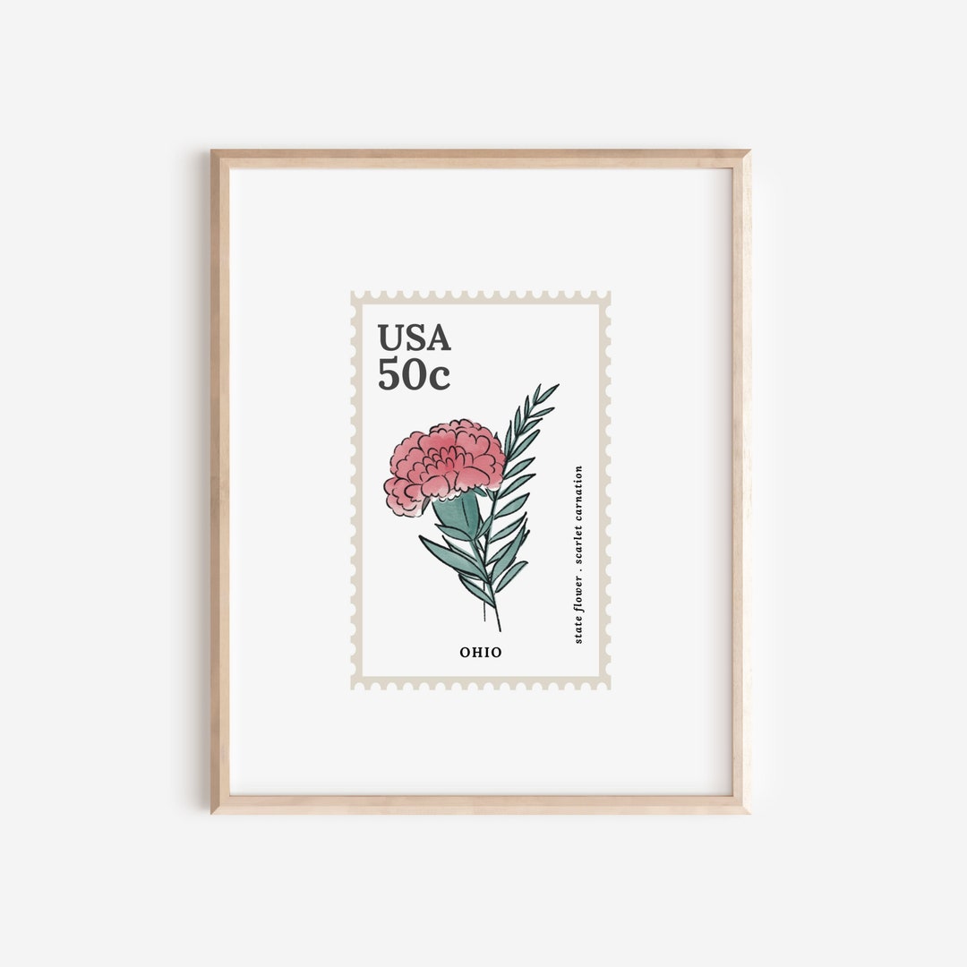 Ohio US State Flower Stamp | Scarlet Carnation Watercolor Floral Art ...