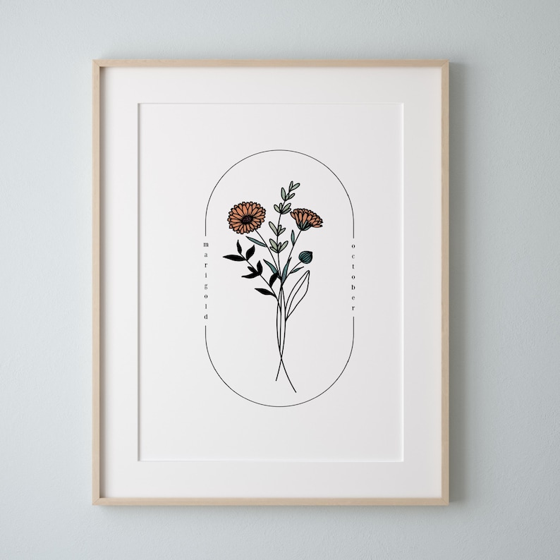October Birth Flower Marigold | Watercolor Oval Frame Simple Art ...