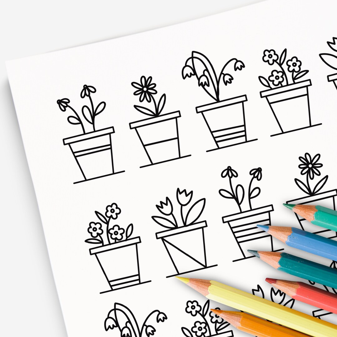 Potted Plants | Hand-drawn Coloring Page Print & Color | Zen Calm ...