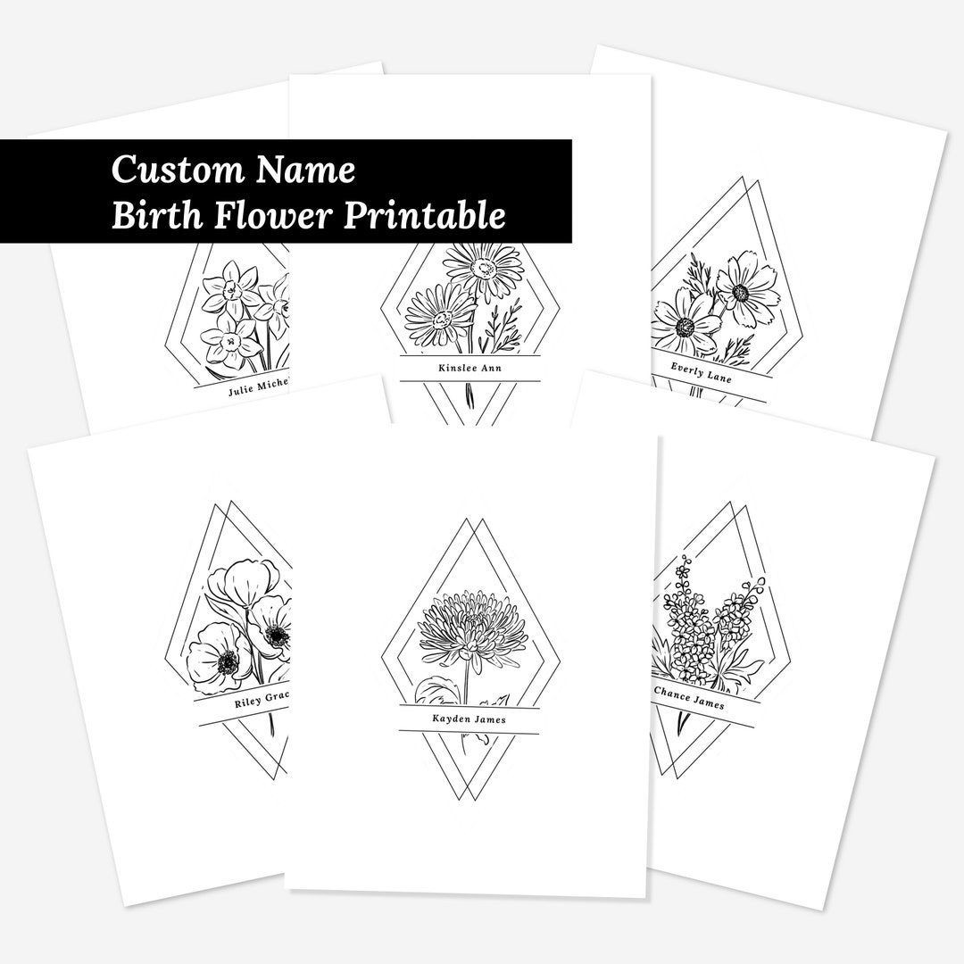 Personalized Name Birth Flower Printable | Sketched Floral Line Art ...