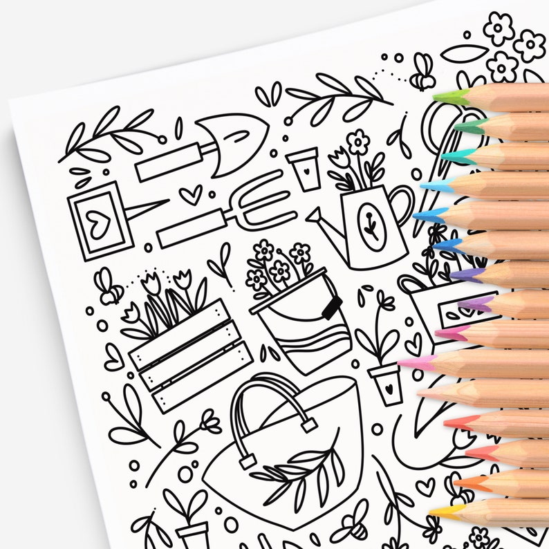 Spring Garden Flowers Printable Coloring Page | Hand-drawn Floral ...