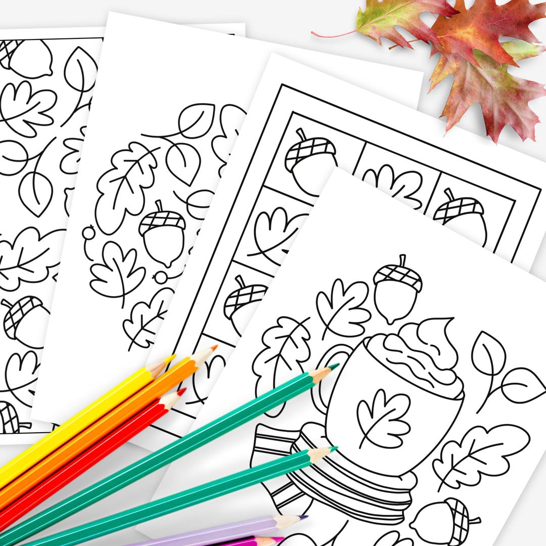 4 Pk Fall Printable Coloring Pages Digital Color Sheets | Hand-drawn ...