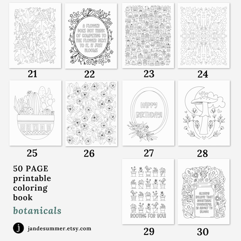 50 Coloring Pages | Botanical Digital Coloring Book Floral ...