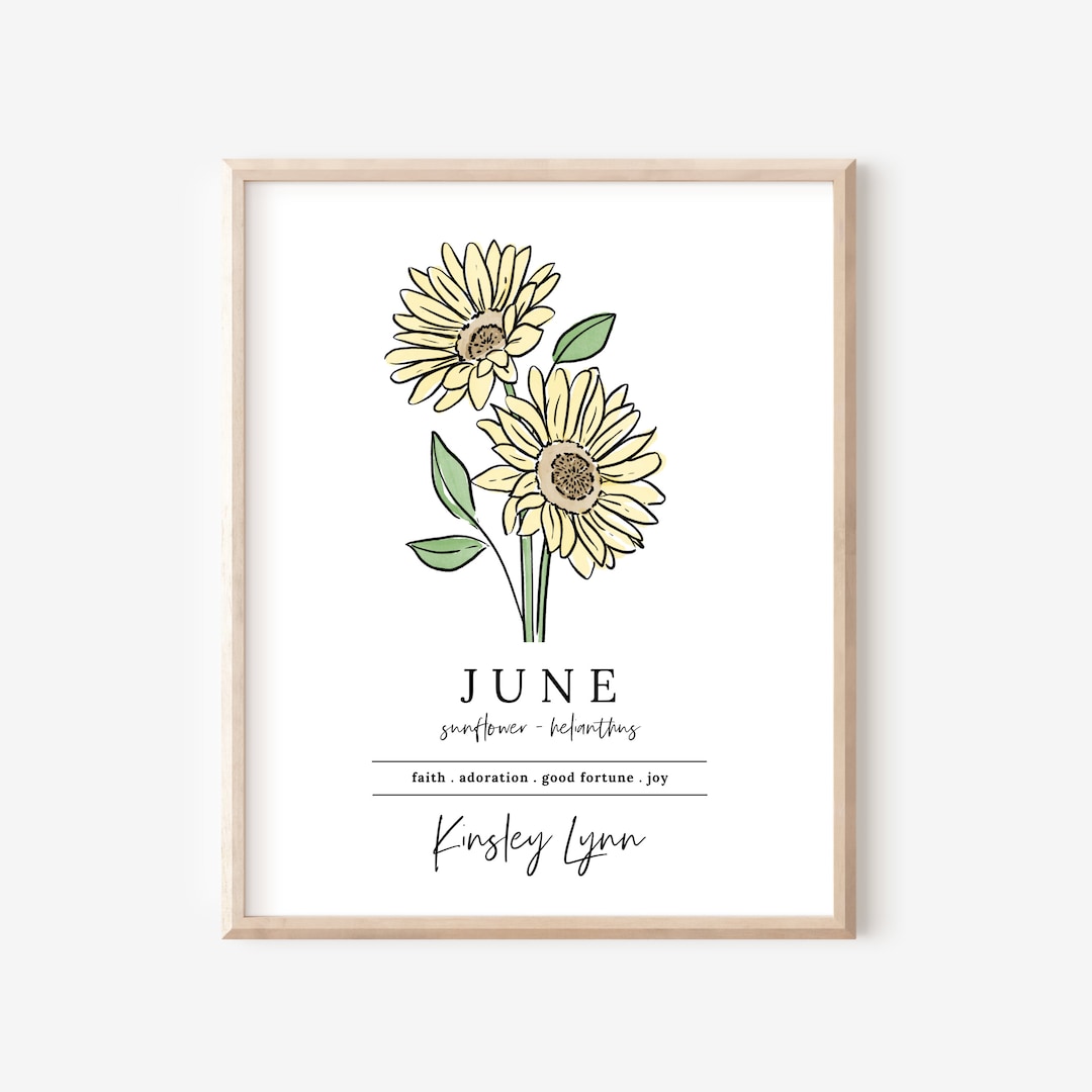 June Sunflower Birth Flower Personalized Name Art Print | Custom Gift ...