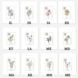 50 US State Flower Stamp Printables | USA Floral Illustrated ...