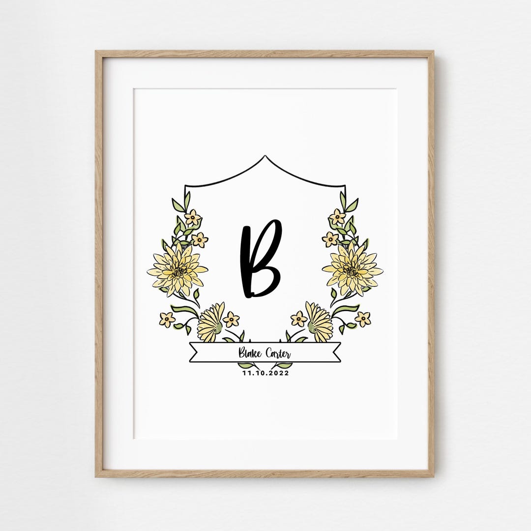Birth Flower Initial Crest Print | Custom Name Monogram Art ...