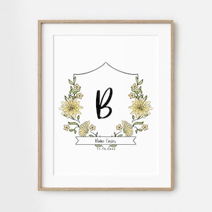 Birth Flower Initial Crest Print | Custom Name Monogram Art ...