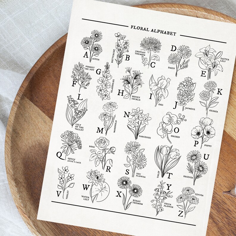 Flower Alphabet Chart Vintage Style | Illustrated Sketched Floral ...