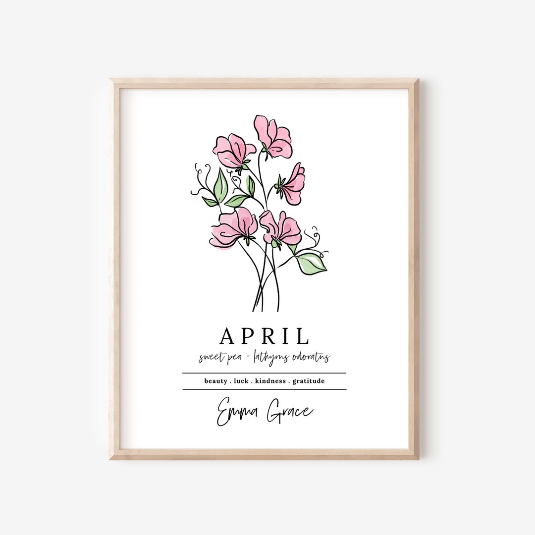 April Sweet Pea Birth Flower Personalized Name Unframed Art Print ...