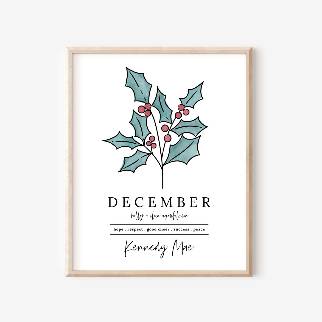 December Holly Birth Flower Personalized Name Unframed Art Print ...