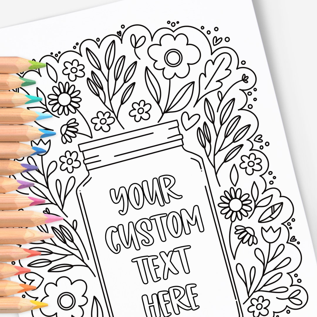Custom Text Flower Jar Coloring Page | Hand-drawn Coloring Page Print ...