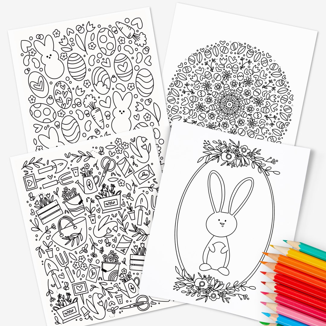4 Pk Easter Printable Coloring Pages Digital Color Sheets | Hand-drawn ...
