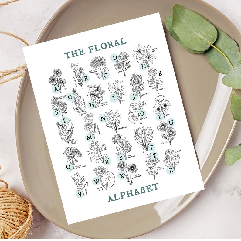 Flower Alphabet Chart Light Aqua & Green | Illustrated Sketched Floral ...