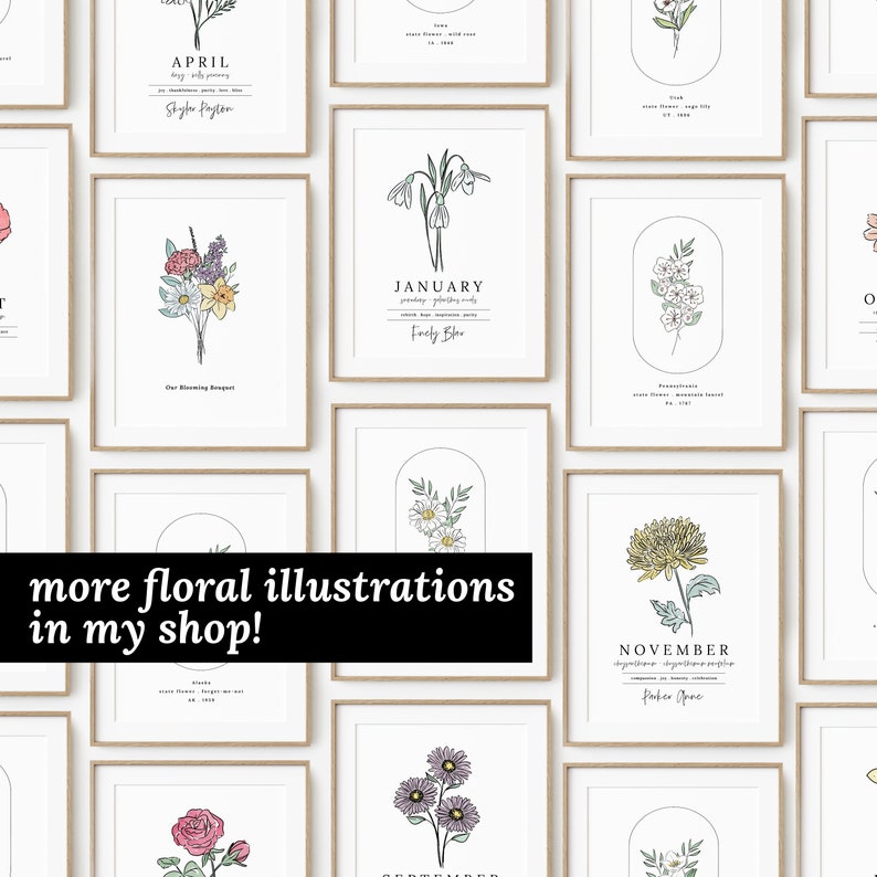 Flower Alphabet Chart Light Aqua & Green | Illustrated Sketched Floral ...