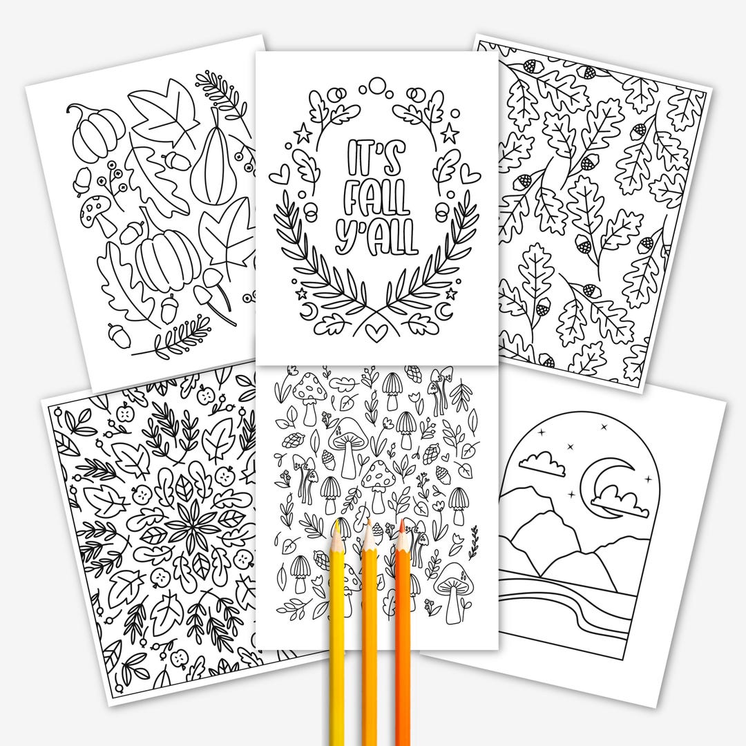 10 Pk Fall Coloring Printable Pages | Hand-drawn Autumn Cottagecore ...