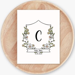Birth Flower Initial Crest Print | Custom Name Monogram Art ...