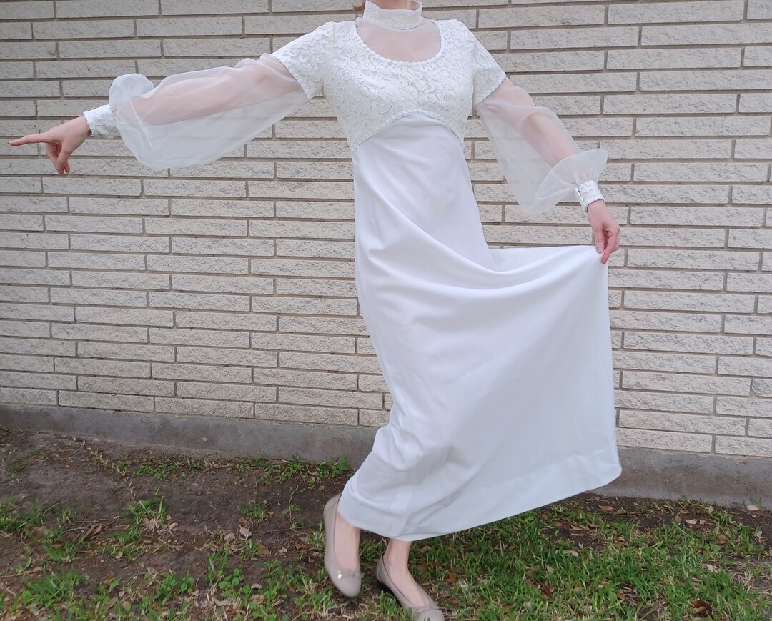 Vintage Empire Waist Wedding Dress W/ Sheer Bishop Sleeves & Décolleté ...