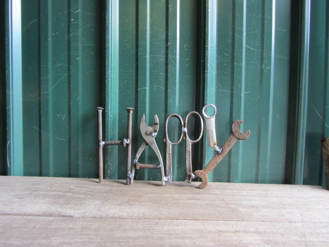Recycled Metal 'HAPPY' Sign: Handcrafted Rustic Wall Art - Etsy