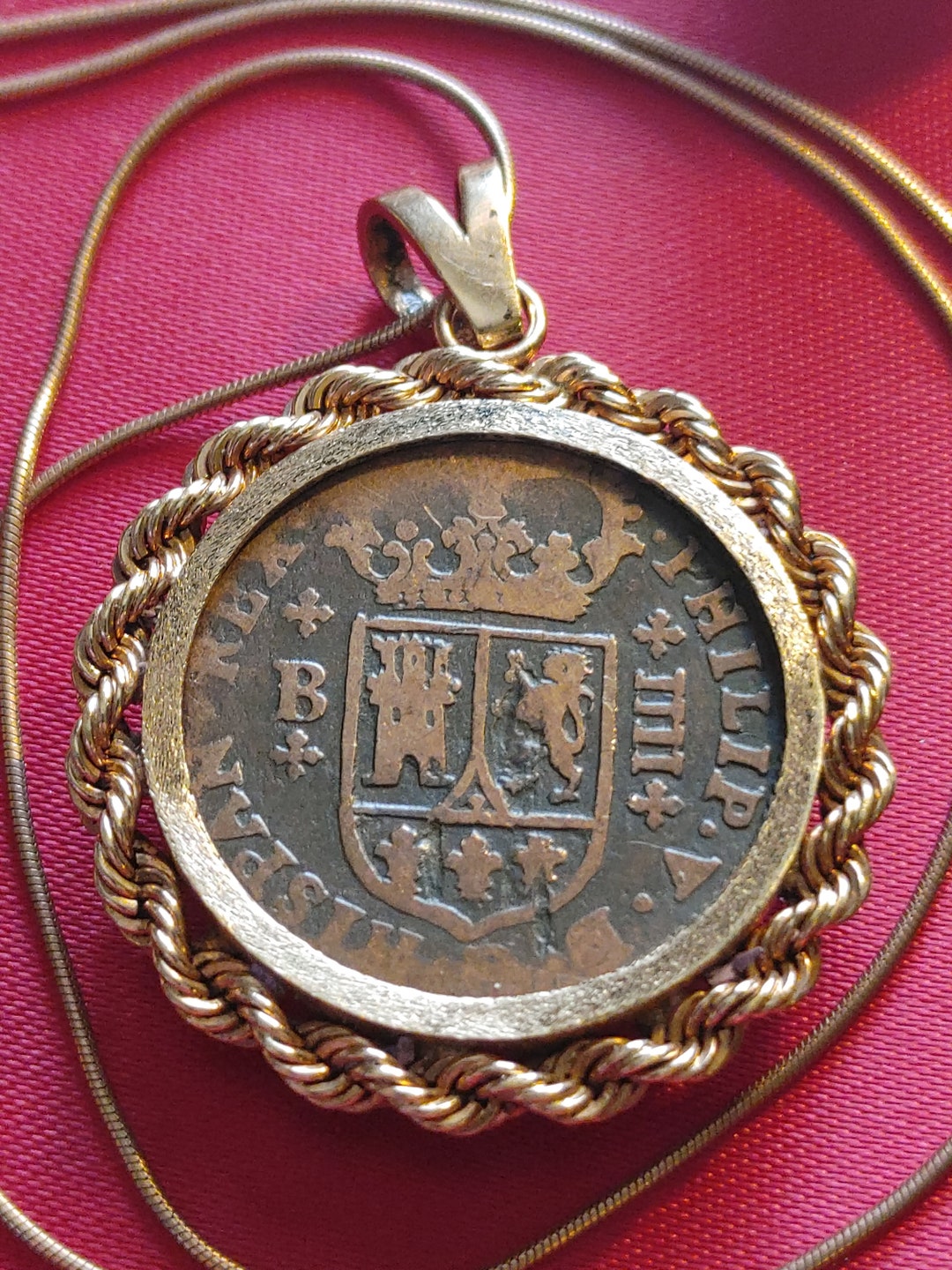 1720 Spanish Maravedis Bronze and Sterling Antique Gold Filled Rope ...