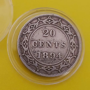 Silver 1894 Newfoundland Canada, 20 Cents Coin, EF Condition, Young Queen Victoria, First ...