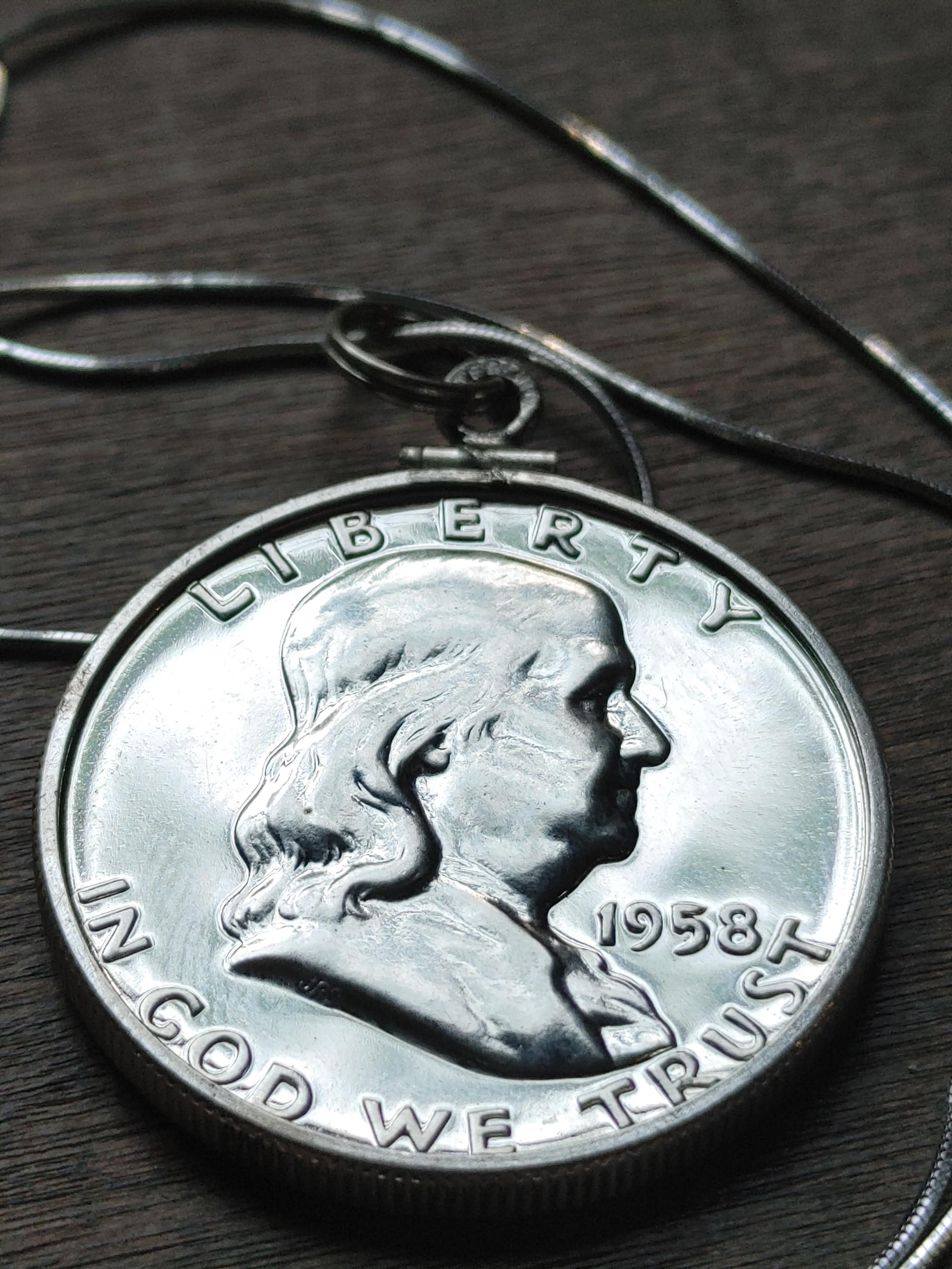 Silver Proof 1958 Benjamin Franklin Liberty Bell Coin Pendant Necklace ...