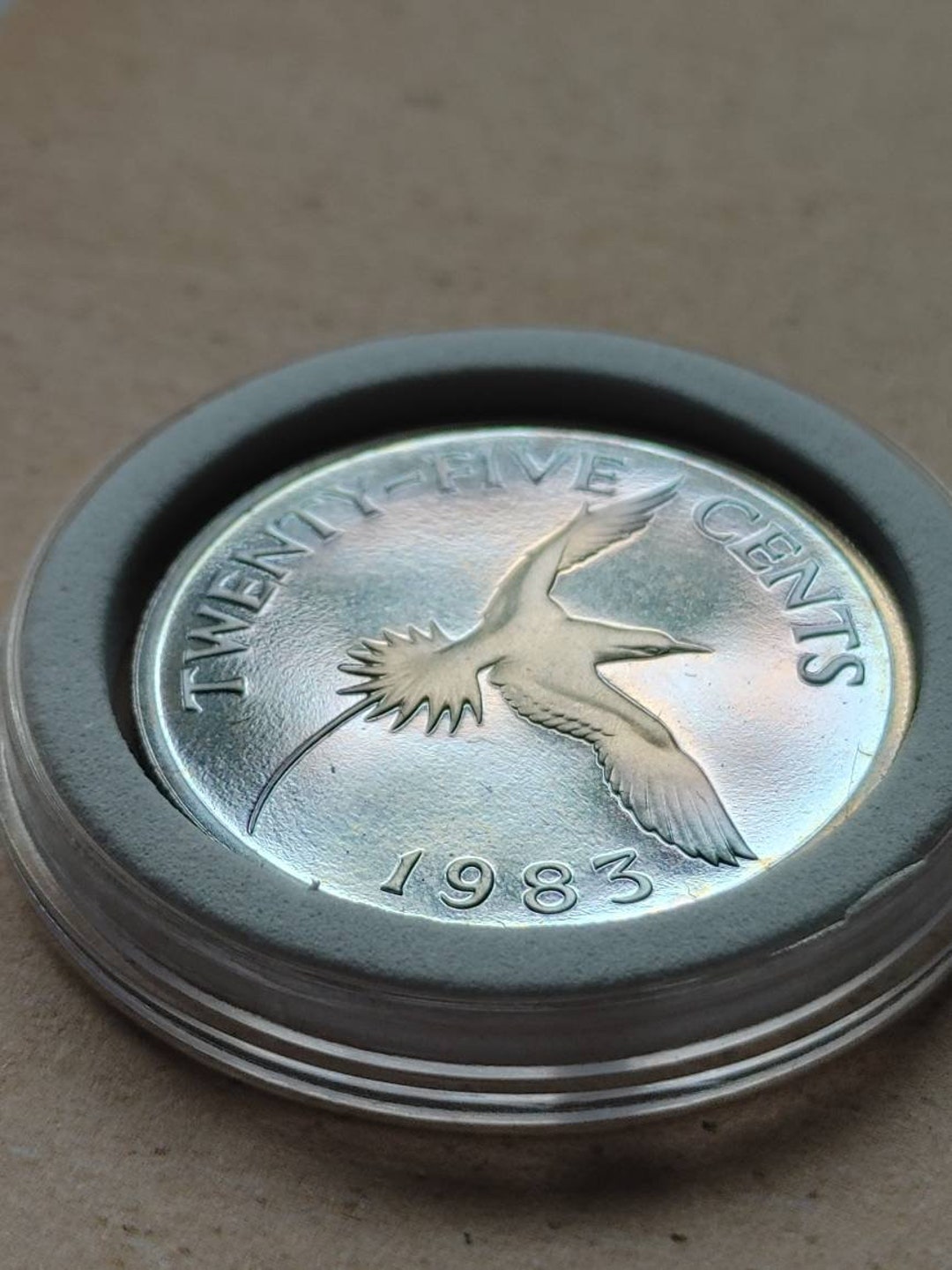 Rare 1983 Proof Bermuda 25 Cent Blue Toned Rainbow Like Iridescent Bear ...