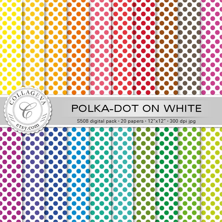 Polka-dot on White Digital Paper Pack, 20 Printable Sheets, 12x12 ...