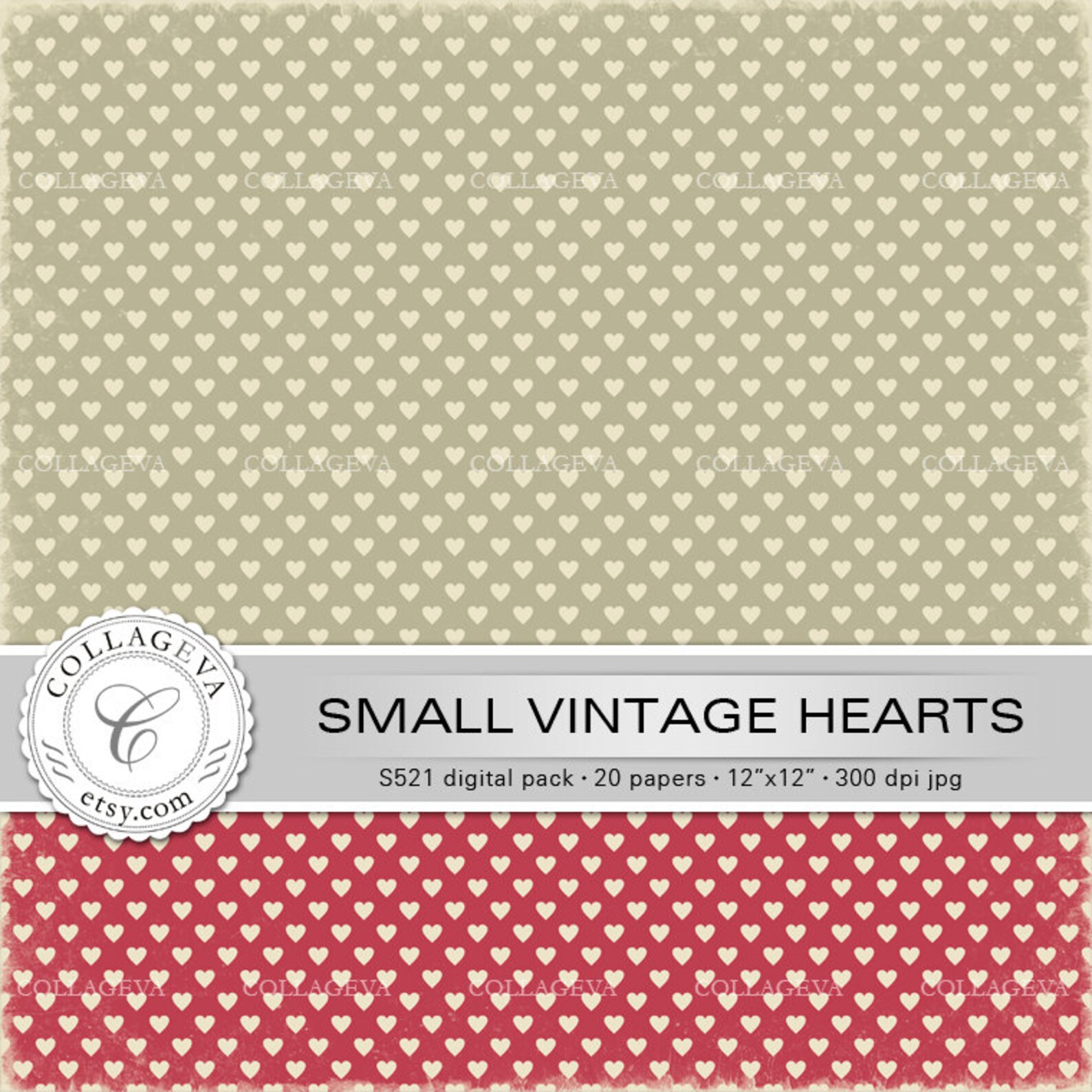 Small Vintage Hearts, Digital Paper Pack, 20 Printable Sheets, 12x12 ...