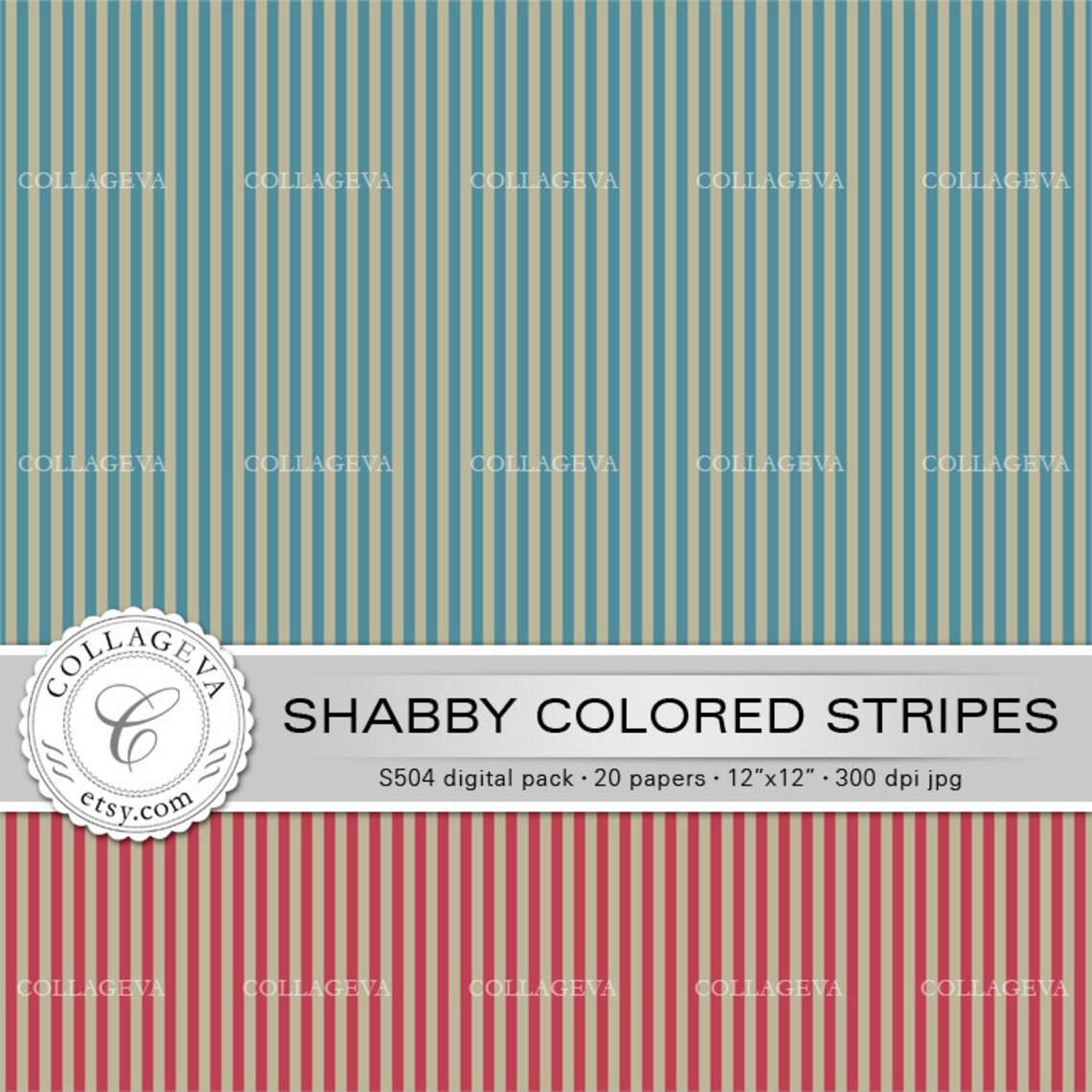 Shabby Colored Stripes Digital Paper Pack, 20 Printable Sheets, 12x12 ...