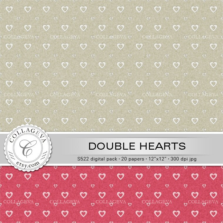 Double Hearts, Digital Paper Pack, 20 Printable Sheets, 12x12 INSTANT ...